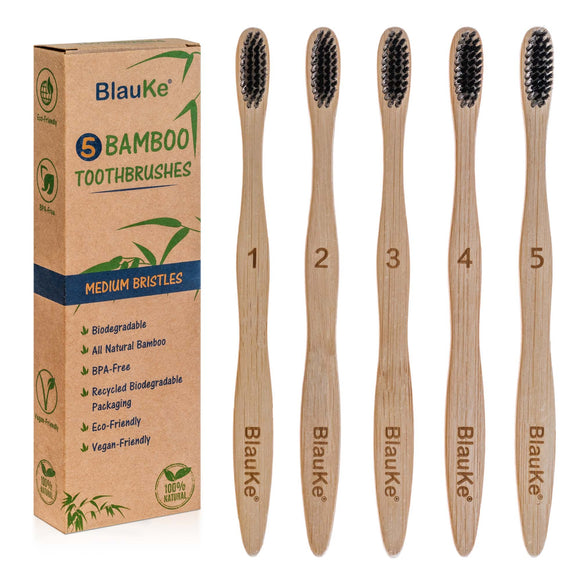 Bamboo Toothbrush Set 5-Pack - Bamboo Toothbrushes with Medium Bristle ...