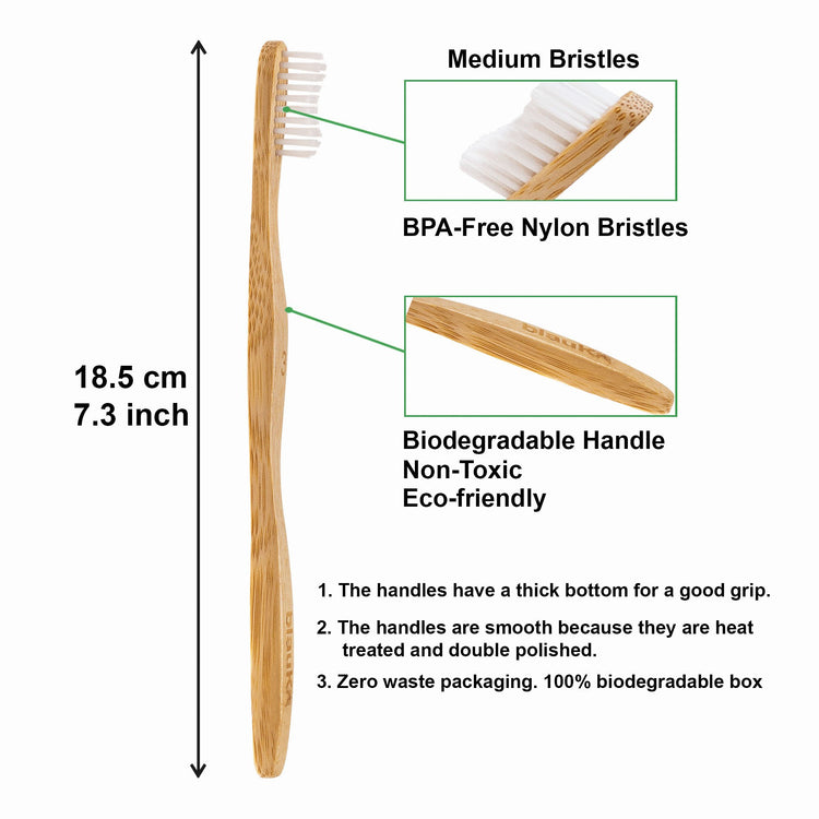 Bamboo Toothbrush Set 5-Pack - Bamboo Toothbrushes with Medium Bristle ...
